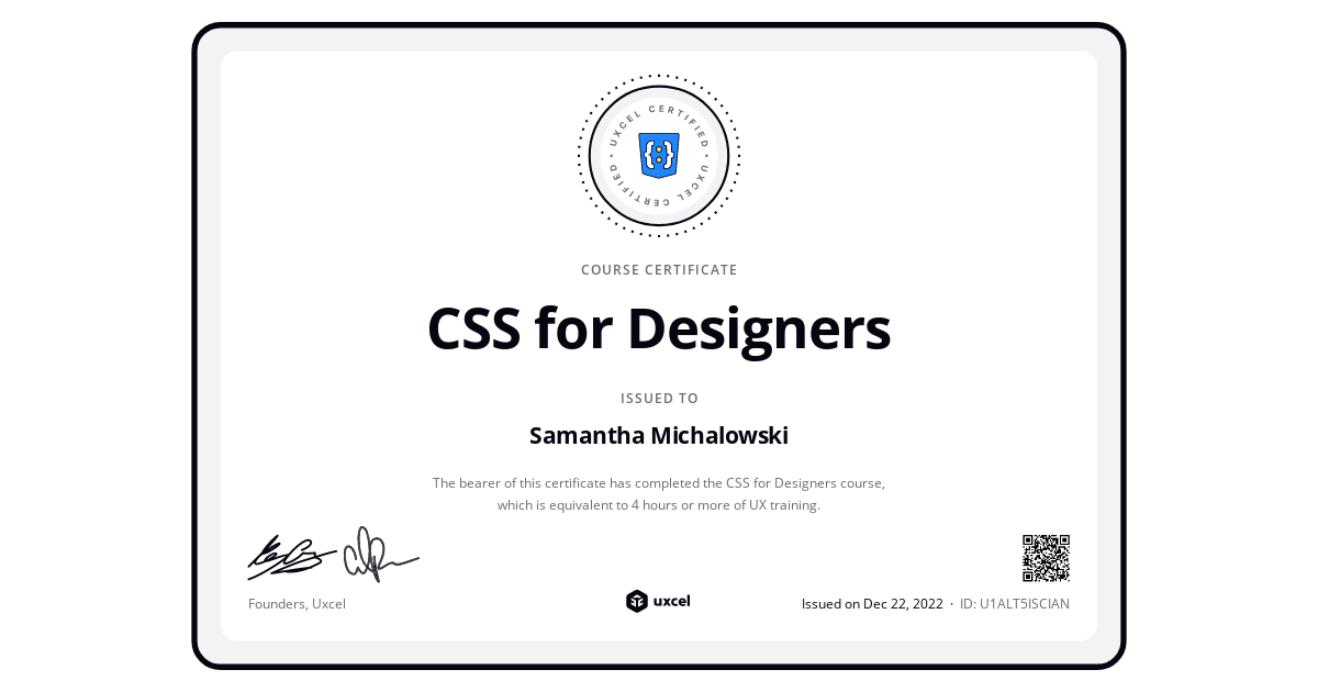 Certificate of completion for CSS Foundations | Uxcel